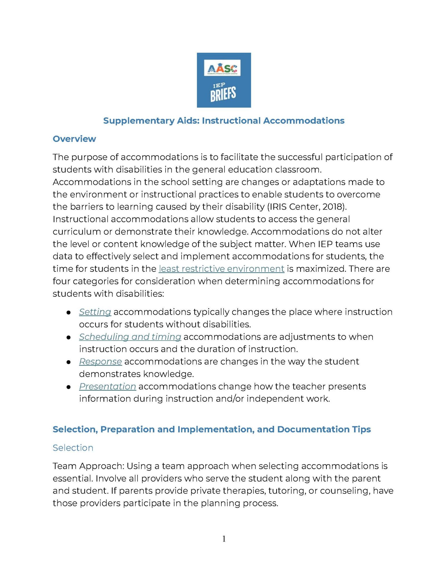 IEP Brief: Supplementary Aids and Services: Accommodations | Academic ...